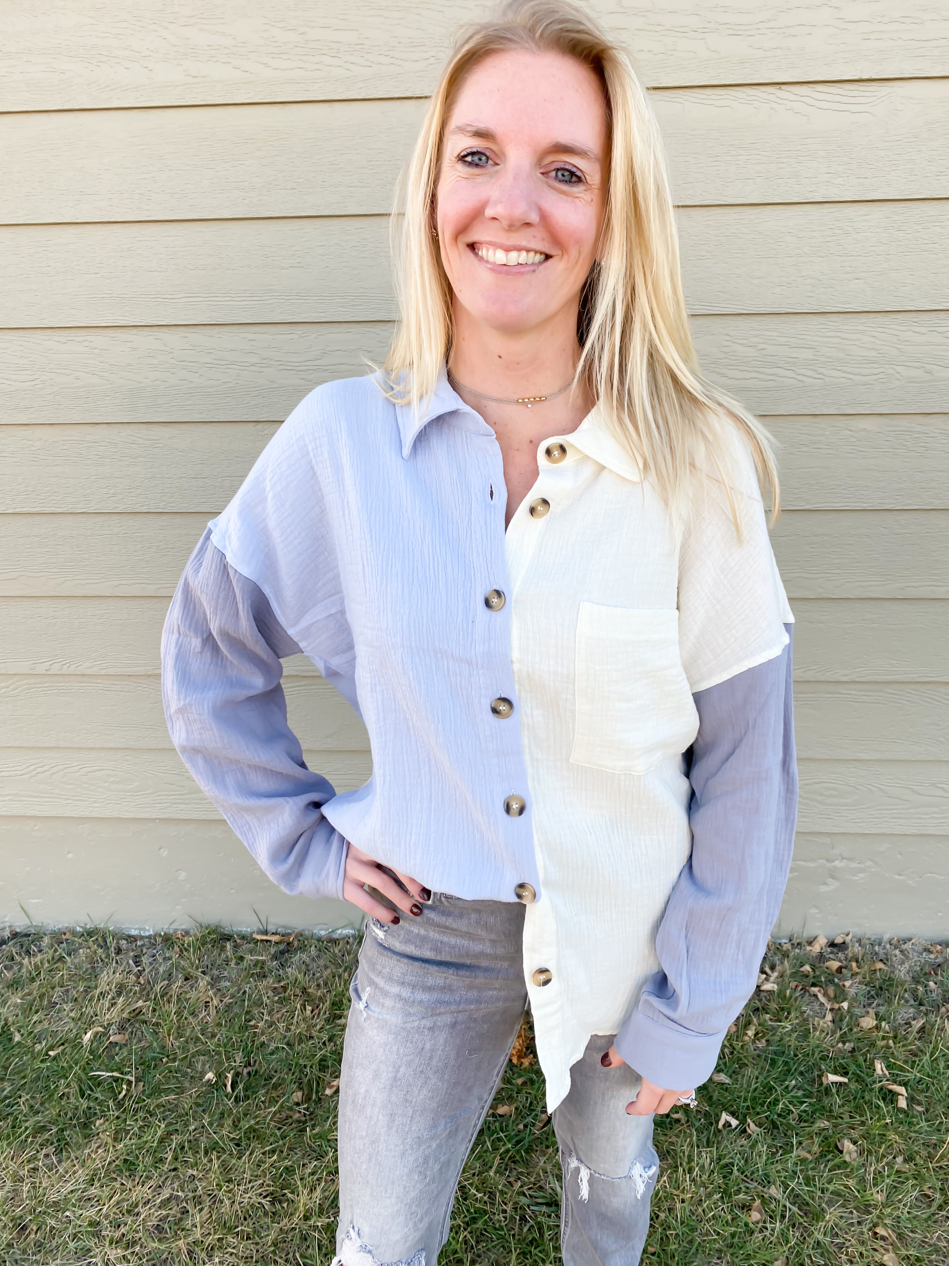 Button Up Color Block-Blue – Guided Grace